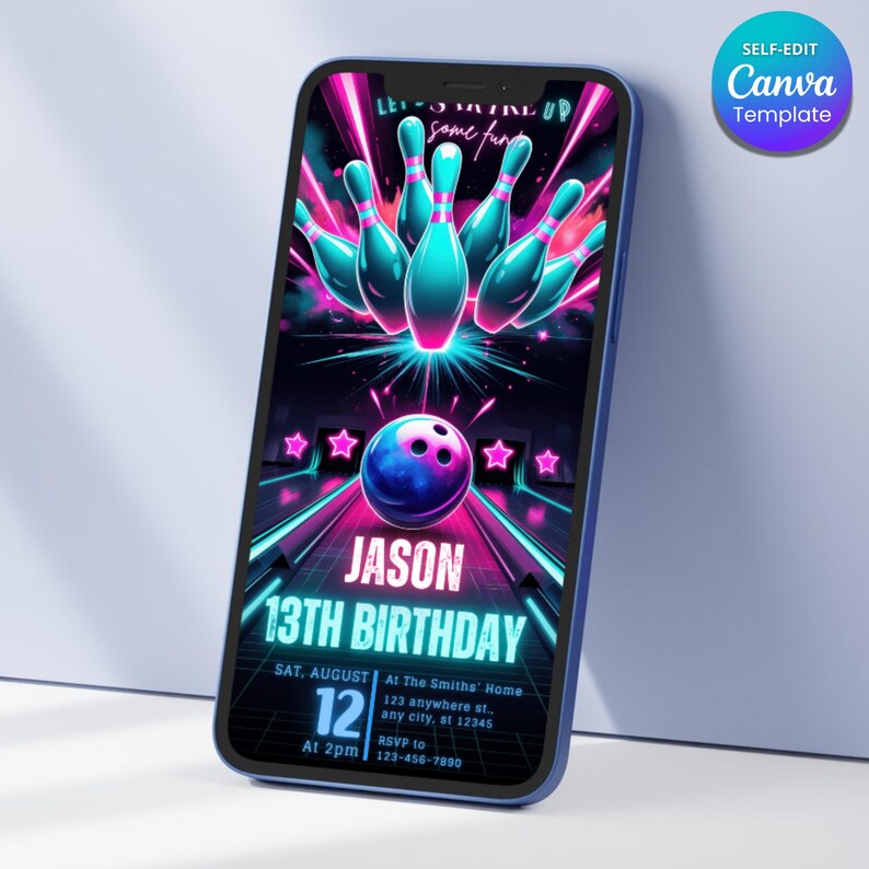 Bowling Birthday Party Invitation, Neon Arcade Kids Teens Video Invite ...