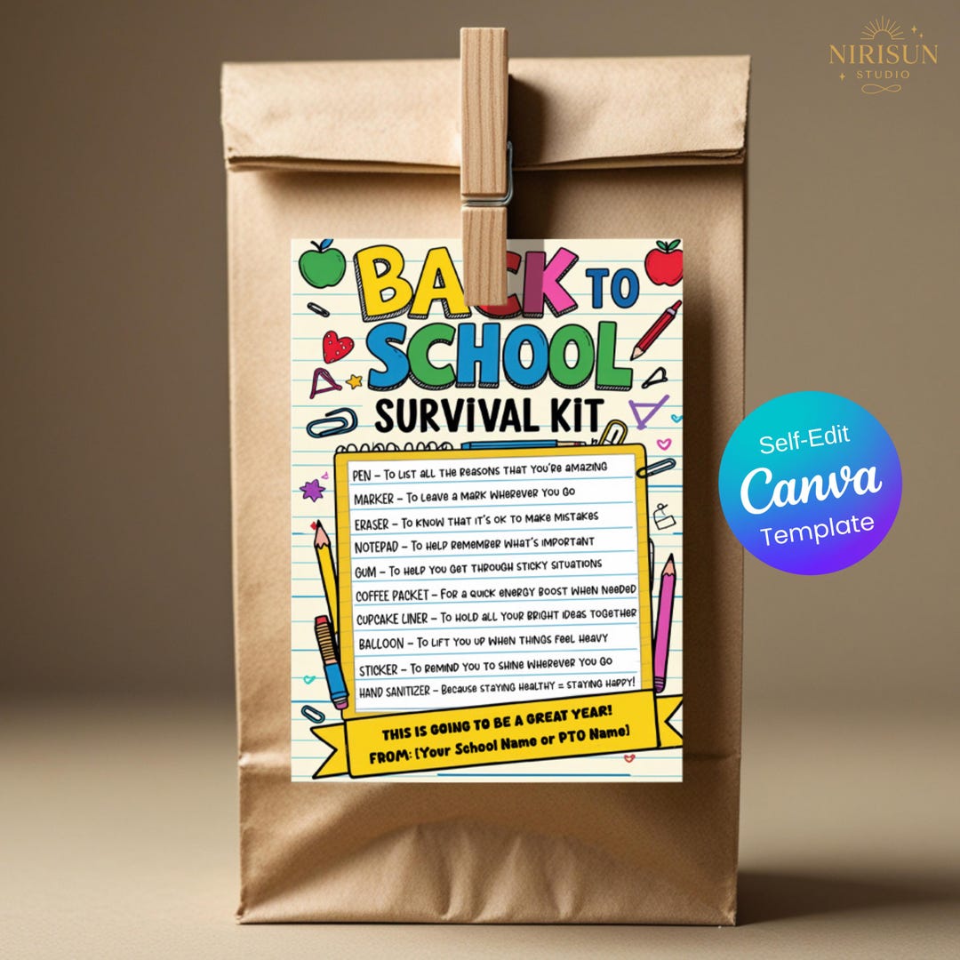 Back to School Survival Kit Gift Tag, Welcome Back First Day Gift ...
