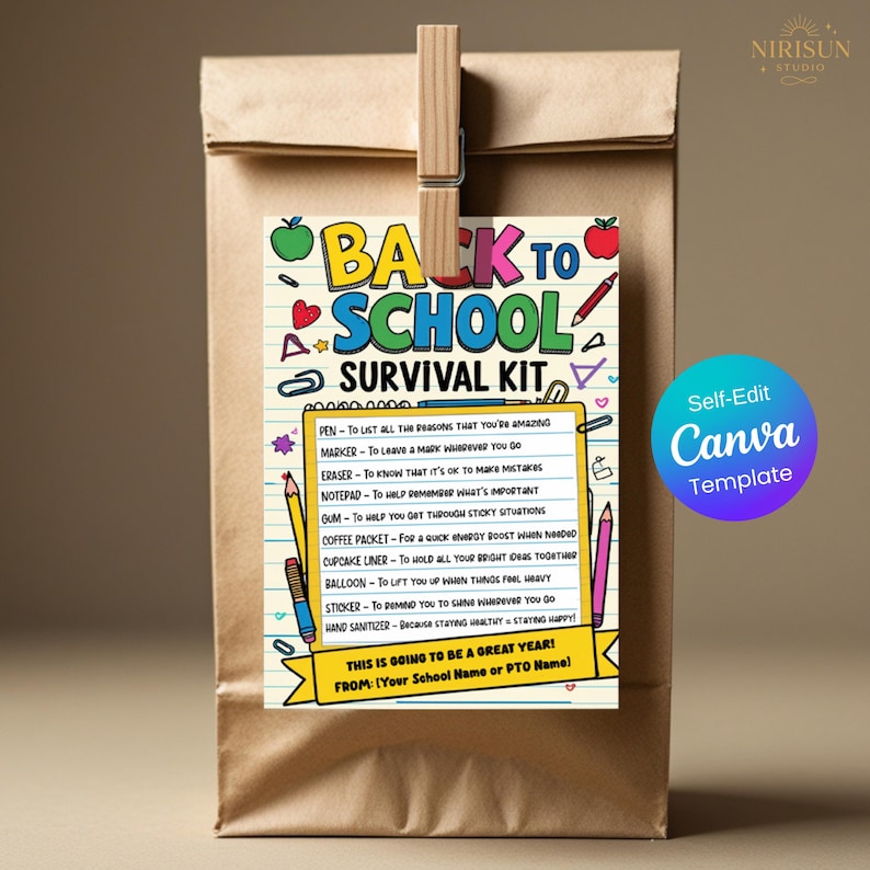 Back to School Survival Kit Gift Tag, Welcome Back First Day Gift ...