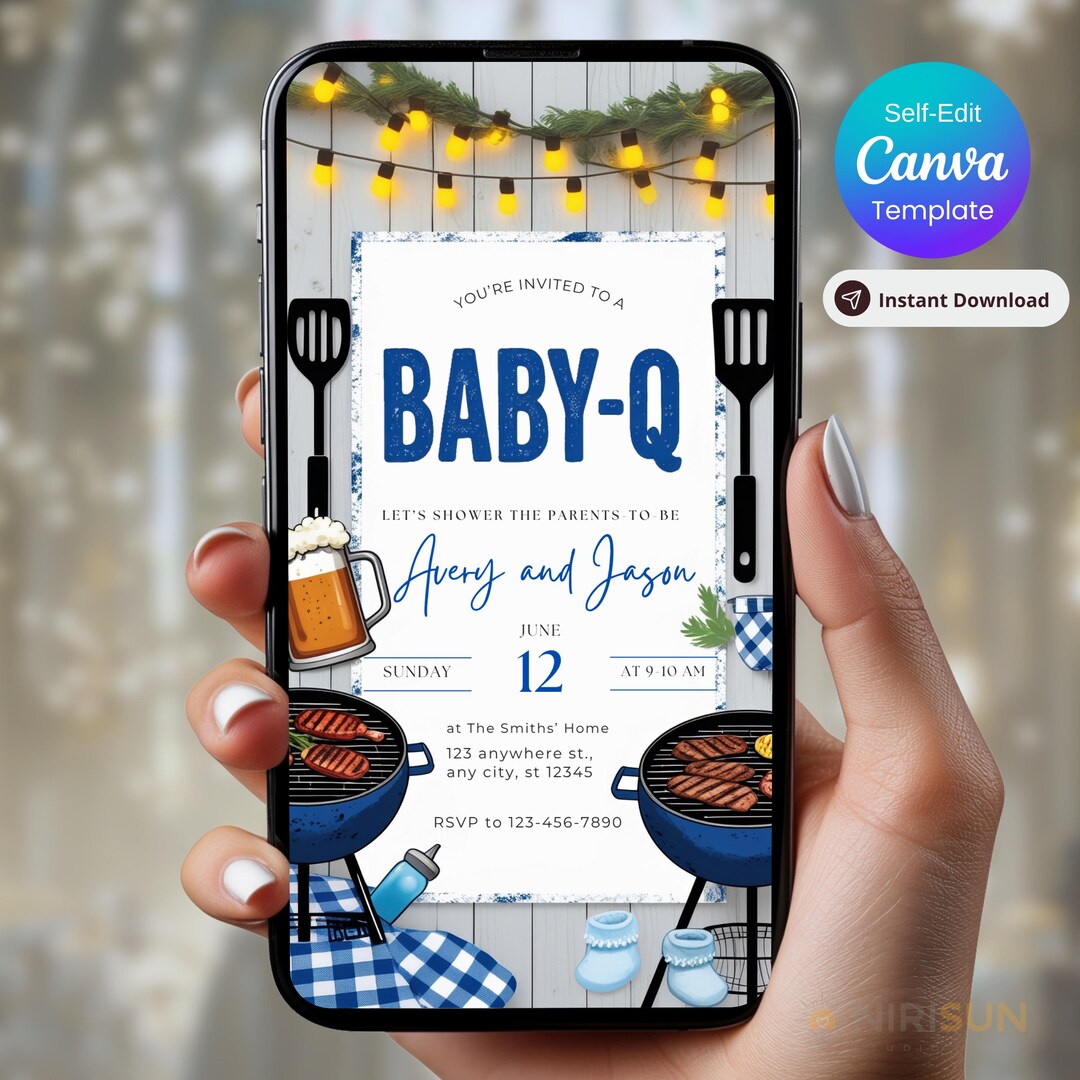 Editable Baby-q Baby Shower Invitation, Picnic Blue Plaid Animated BBQ ...