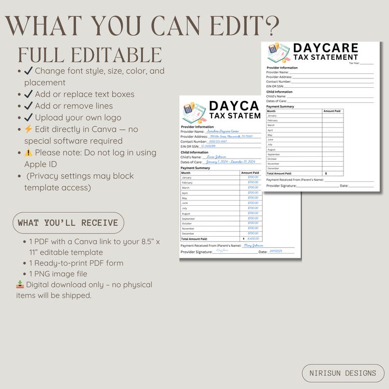 Daycare Tax Statement Template: Printable Childcare Payment Record Form ...