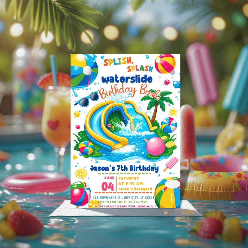 Waterslide Birthday Invitation Template Editable in Canva, Water Slide ...