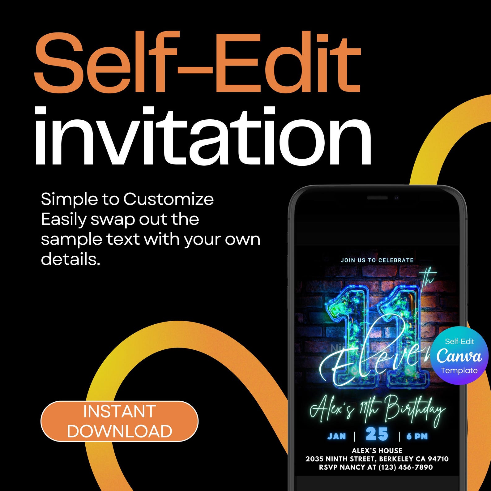 Neon Blue 11th Birthday Invitation – Glow Party Canva Template, Glow ...