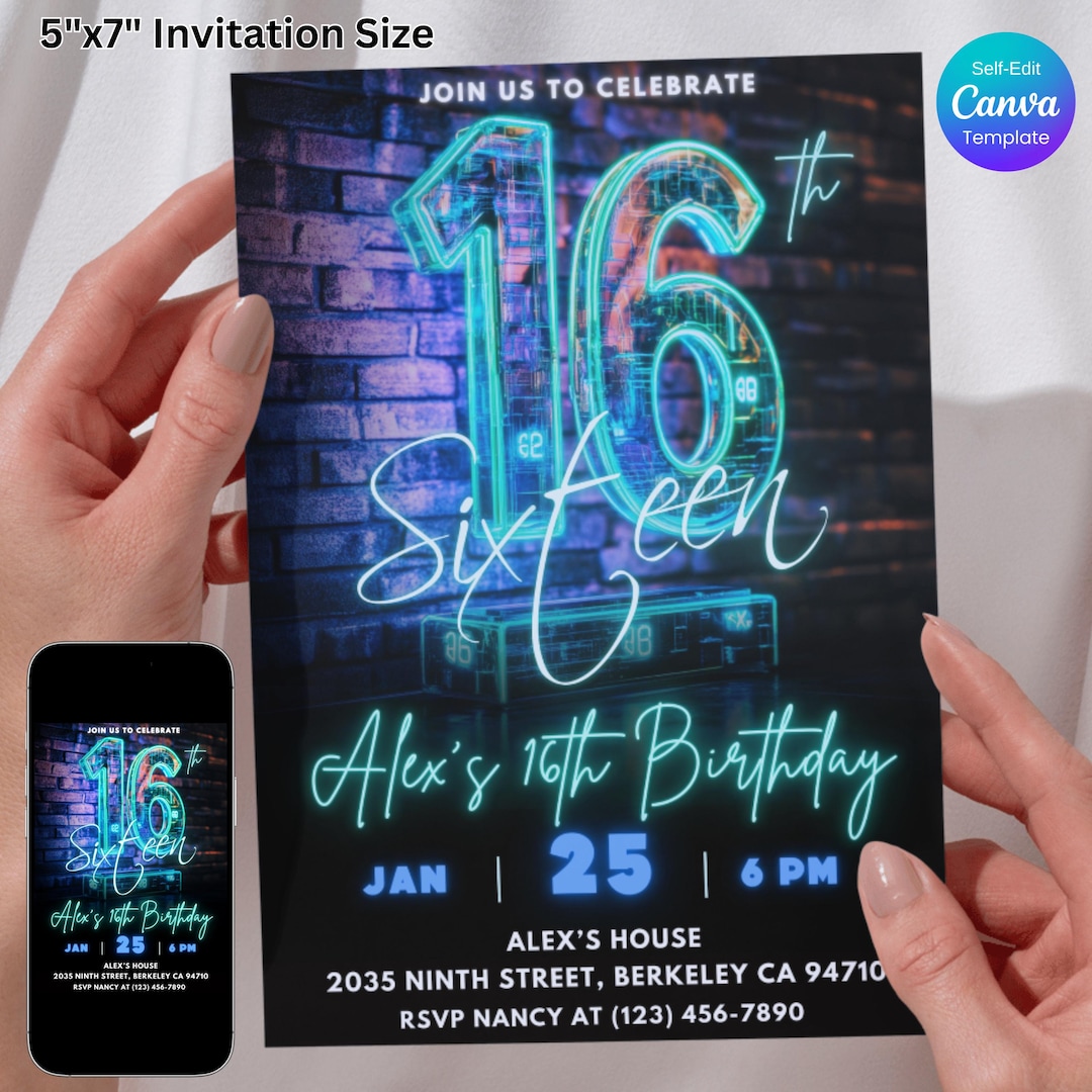 16th Birthday Invitation – Neon Blue Glow Party for Teen Boys, Editable ...