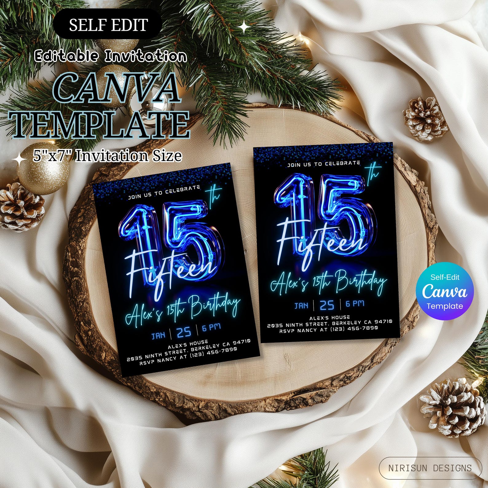 15th Birthday Invitation – Neon Blue Glow Party, Editable Canva ...
