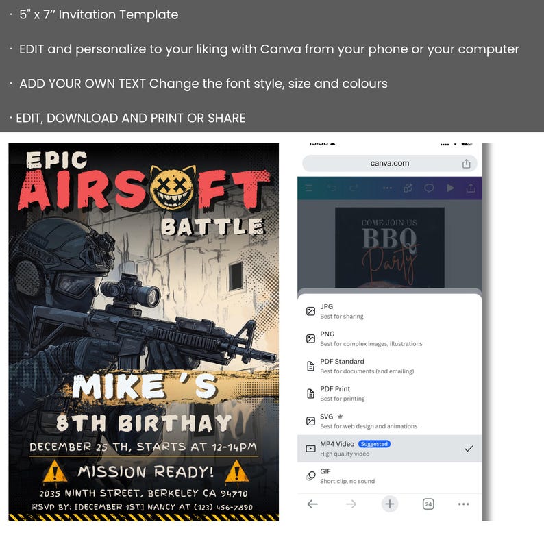 Epic Airsoft Battle Birthday Invitation Template, Editable Canva ...
