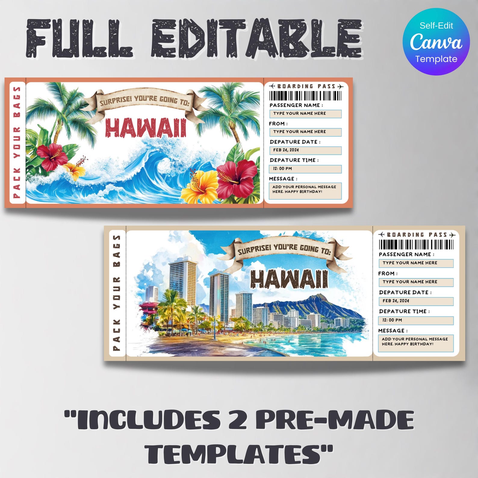 Hawaii Surprise Trip Ticket, Tropical Boarding Pass Invitation Template ...