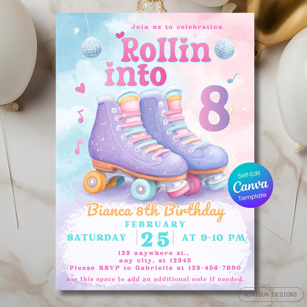 Roller Skating 8th Birthday Invitation, Rollin’ Into Eight Neon Glow ...
