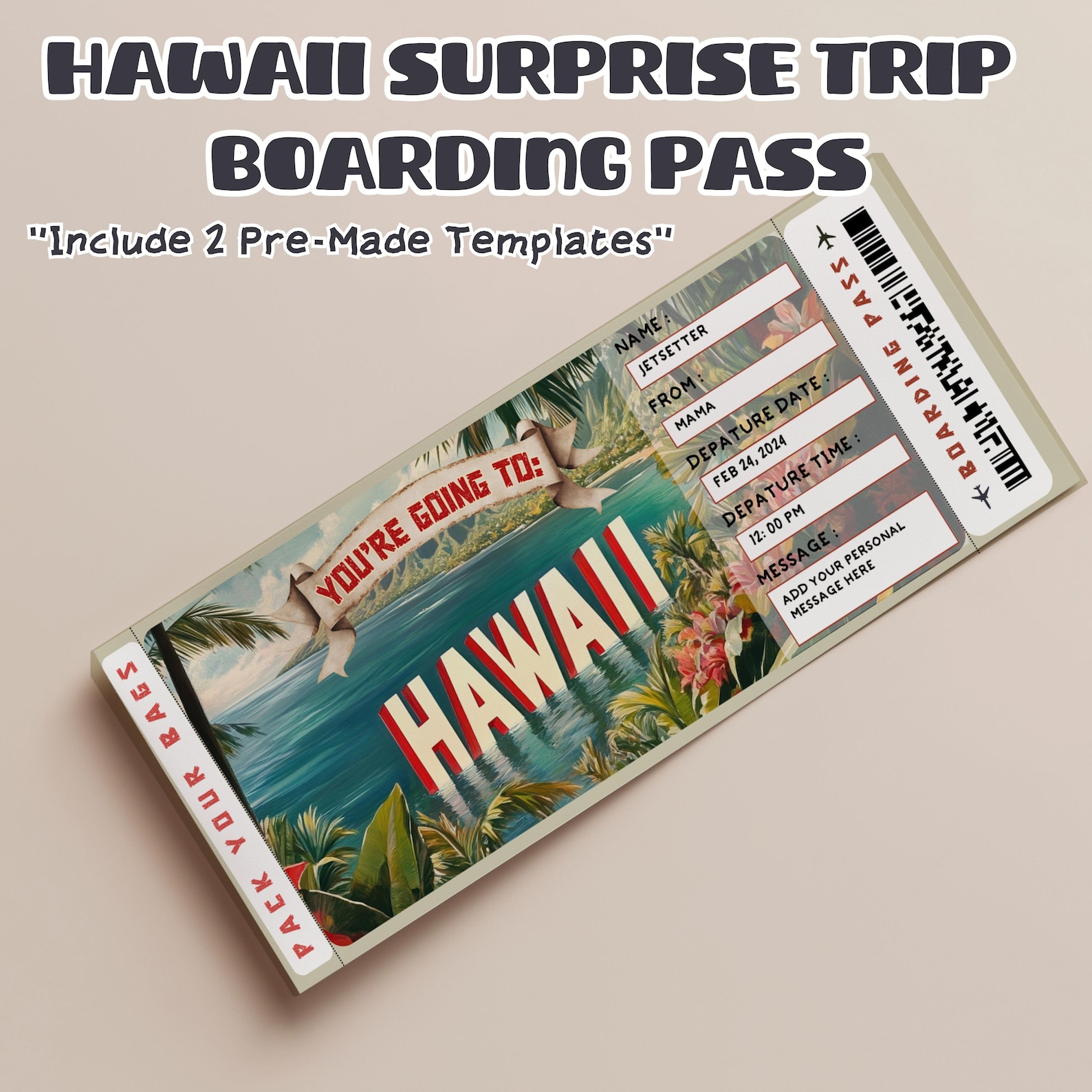 Hawaii Surprise Trip Ticket, Tropical Boarding Pass Invitation Template ...
