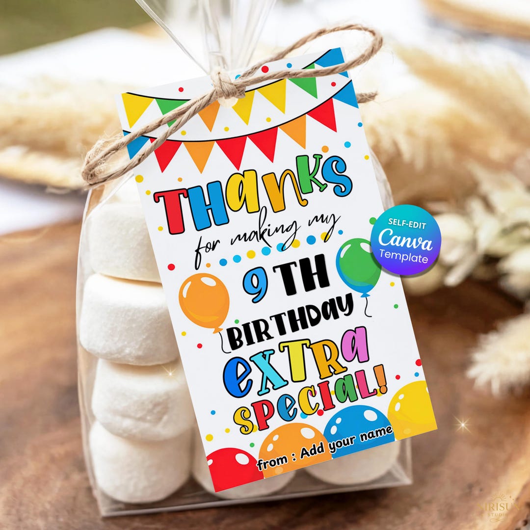 Birthday Thank You Tags, Kids Party Favor Tags, Printable Candy Tags ...