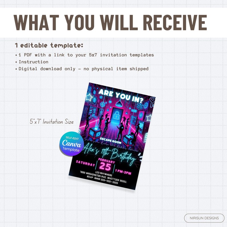Escape Room Birthday Invitation, Neon Mystery Party Invite, Editable ...