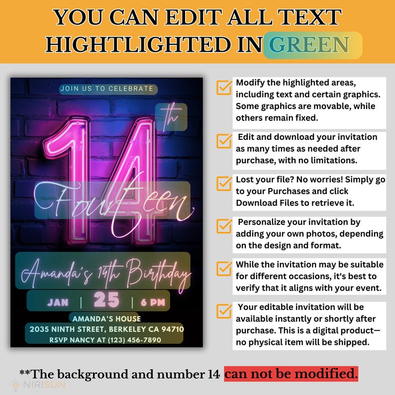 14th Birthday Invitation – Neon Pink Glow Party for Girls, Editable ...