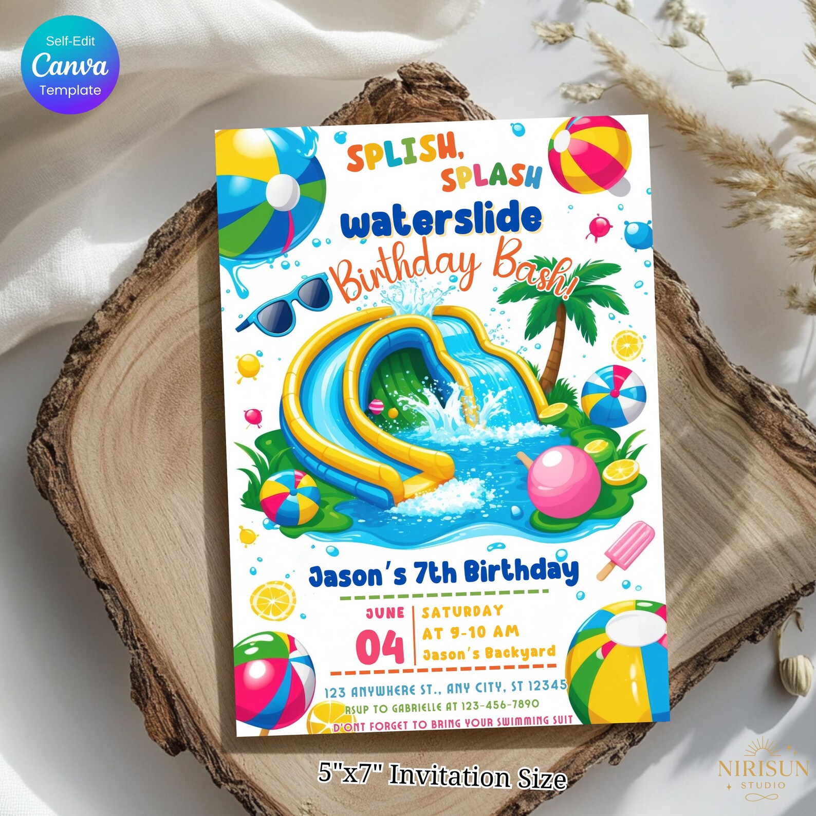 Waterslide Birthday Invitation Template Editable in Canva, Water Slide ...