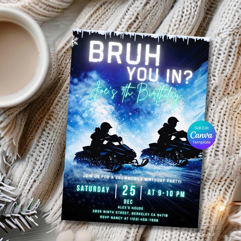 Snowmobile Birthday Invitation: Winter Party for Kids (editable Canva ...