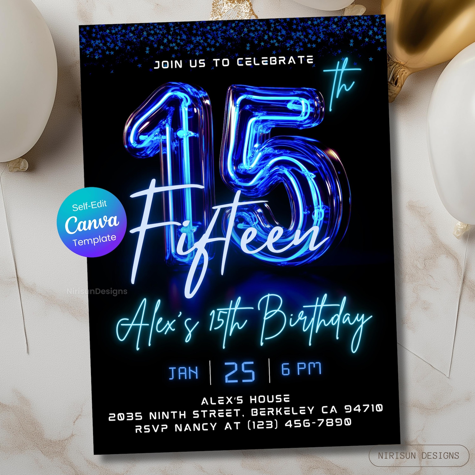15th Birthday Invitation – Neon Blue Glow Party, Editable Canva ...