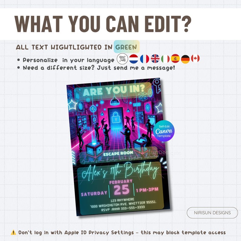 Escape Room Birthday Invitation, Neon Mystery Party Invite, Editable ...
