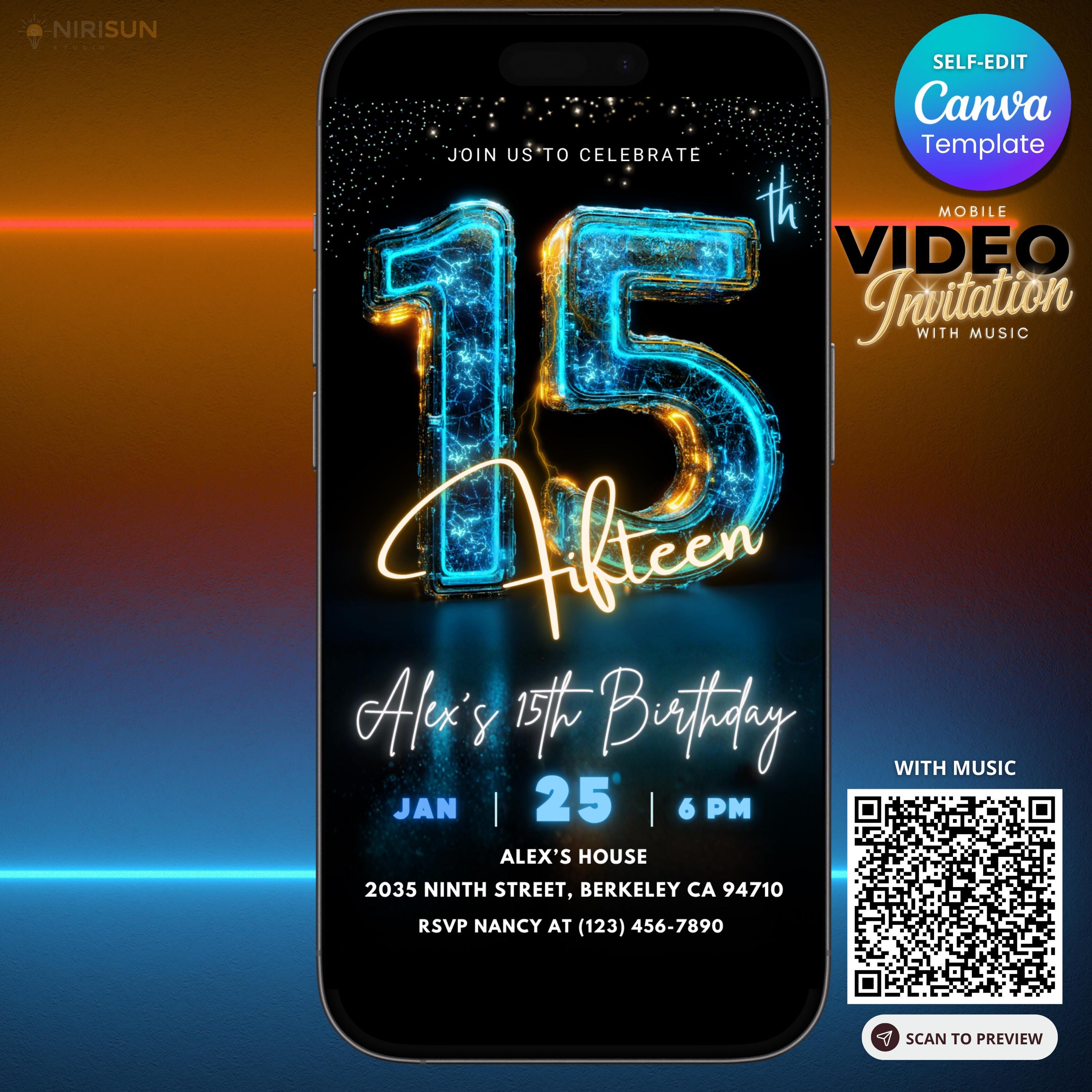 15th Birthday Invitation: Neon Glow Party (editable Canva Template ...