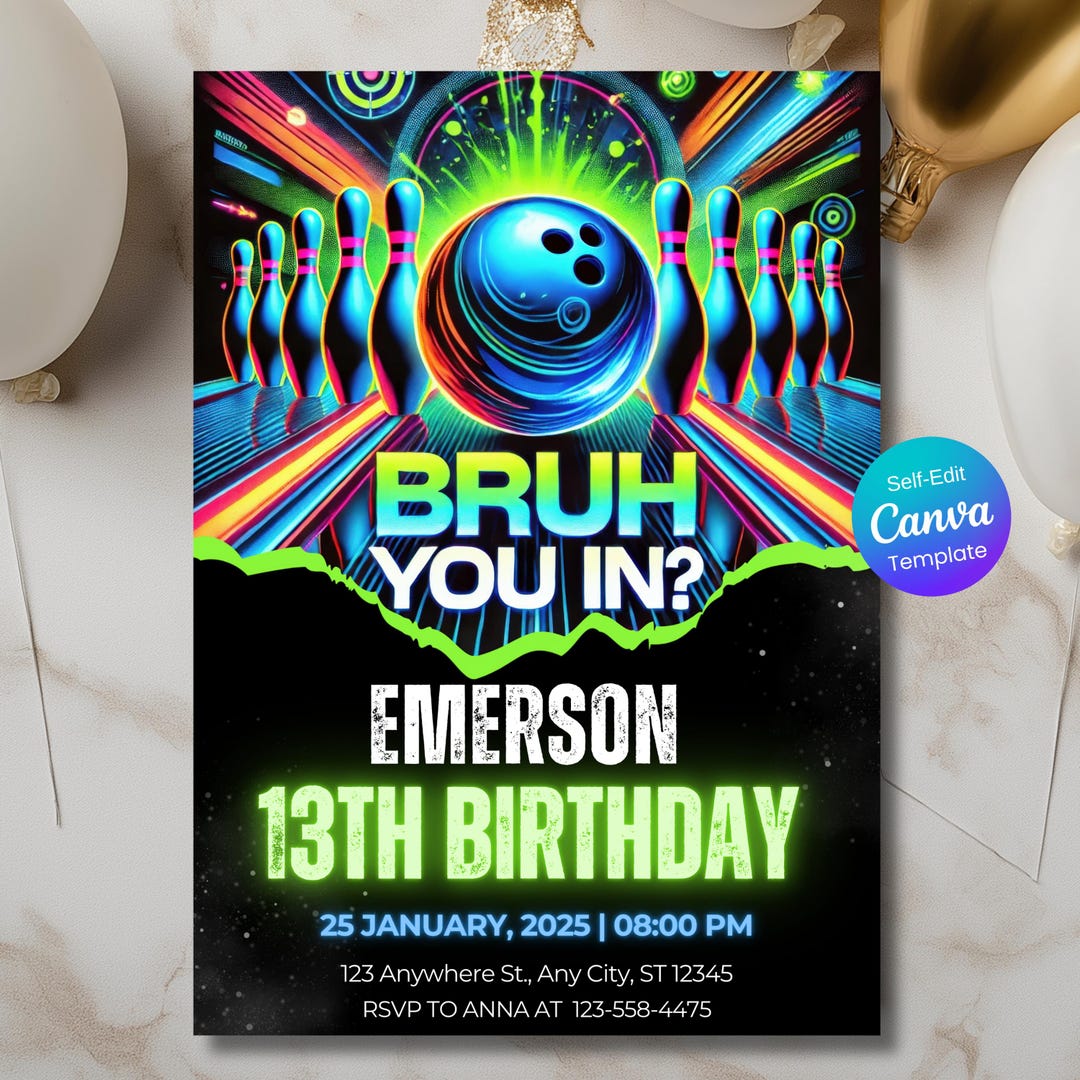 Bowling Birthday Party Invitation, Neon Glow Themed Canva Template ...