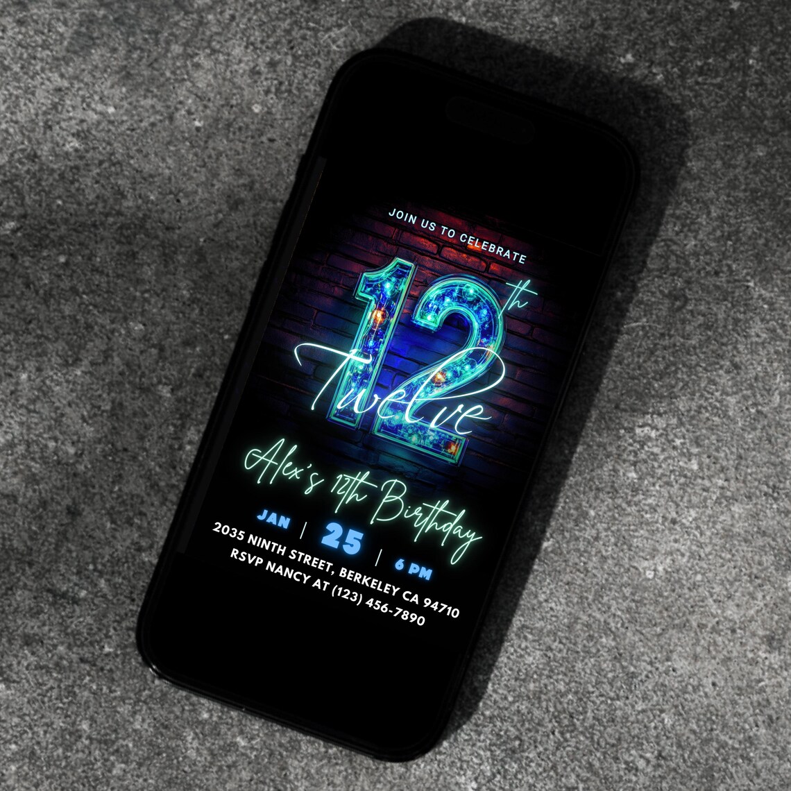 12th Birthday Invitation – Neon Blue Glow Party for Boys, Editable ...