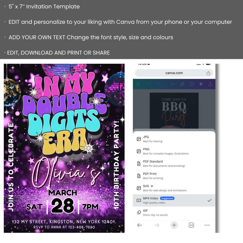 Editable in My Double Digits Era Invitation, 10th Birthday Party Invite ...