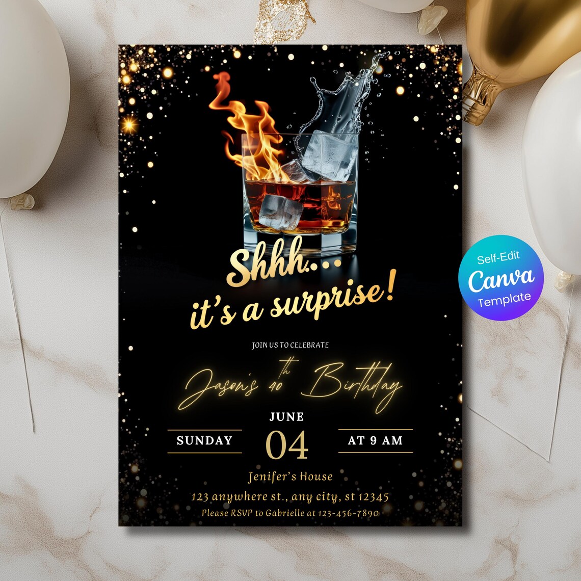 Whiskey Birthday Invitation – Surprise Party for Adults, Editable Canva ...