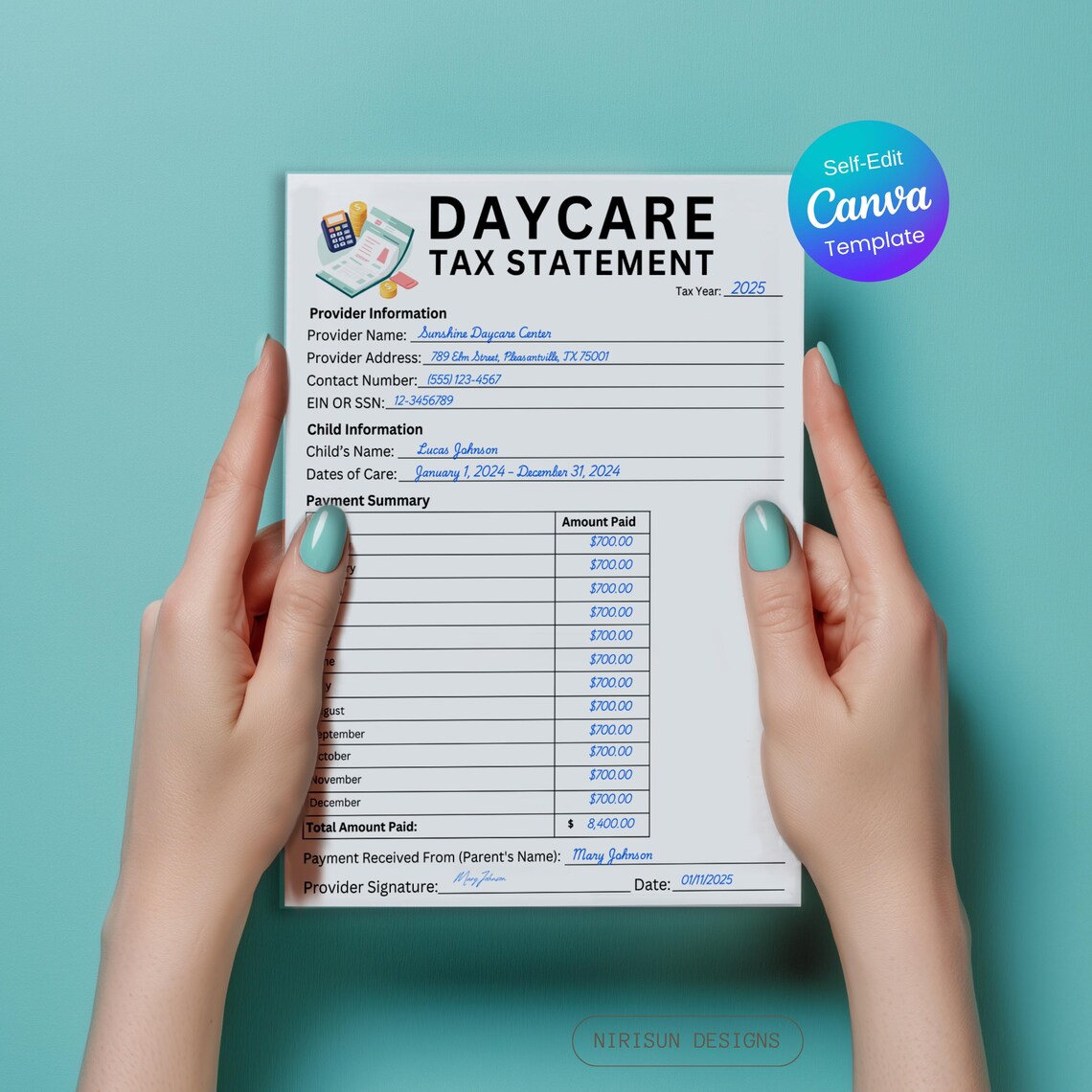 Daycare Tax Statement Template: Printable Childcare Payment Record Form ...