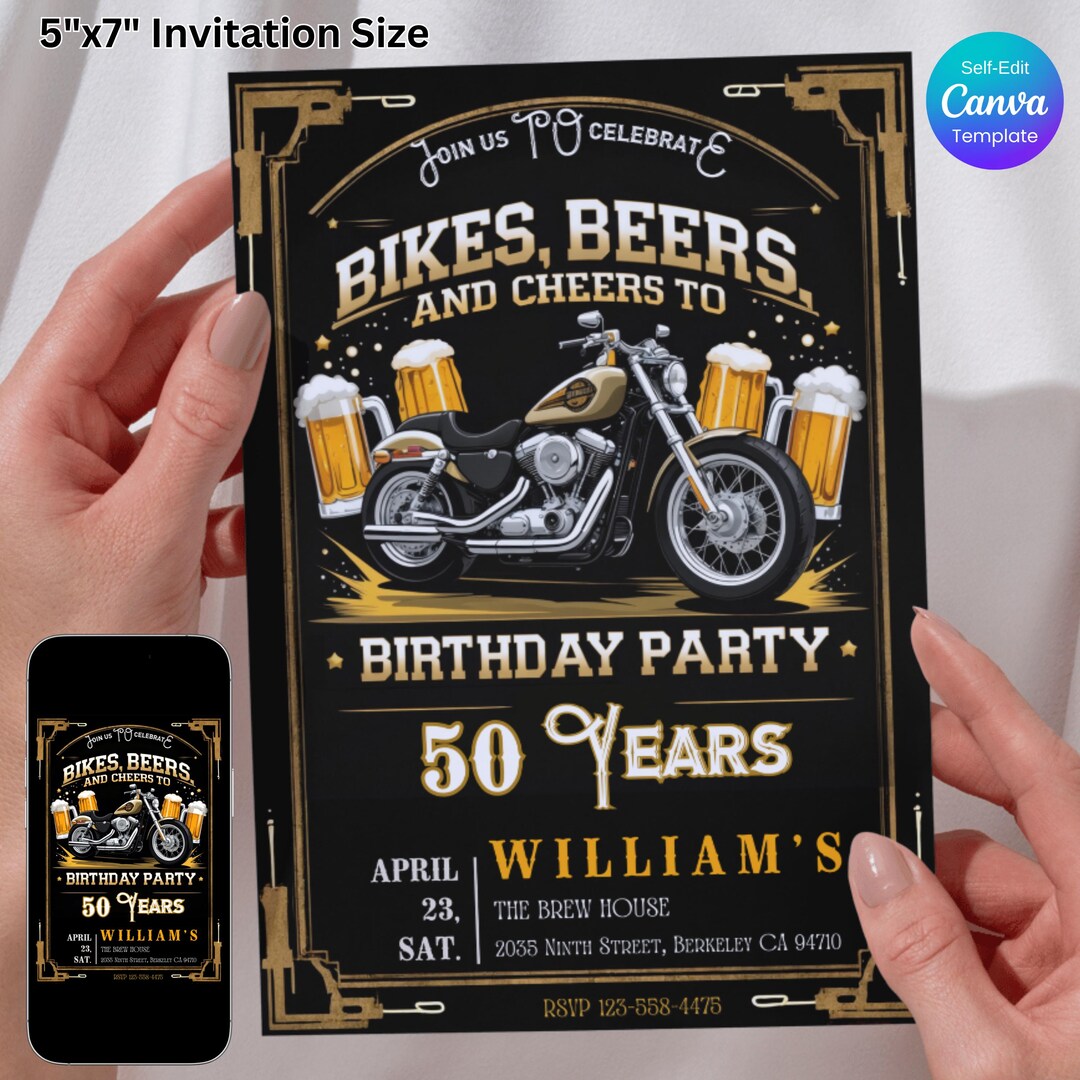 Biker Birthday Invitation, Biker Cheers Birthday Invite for Any Age ...