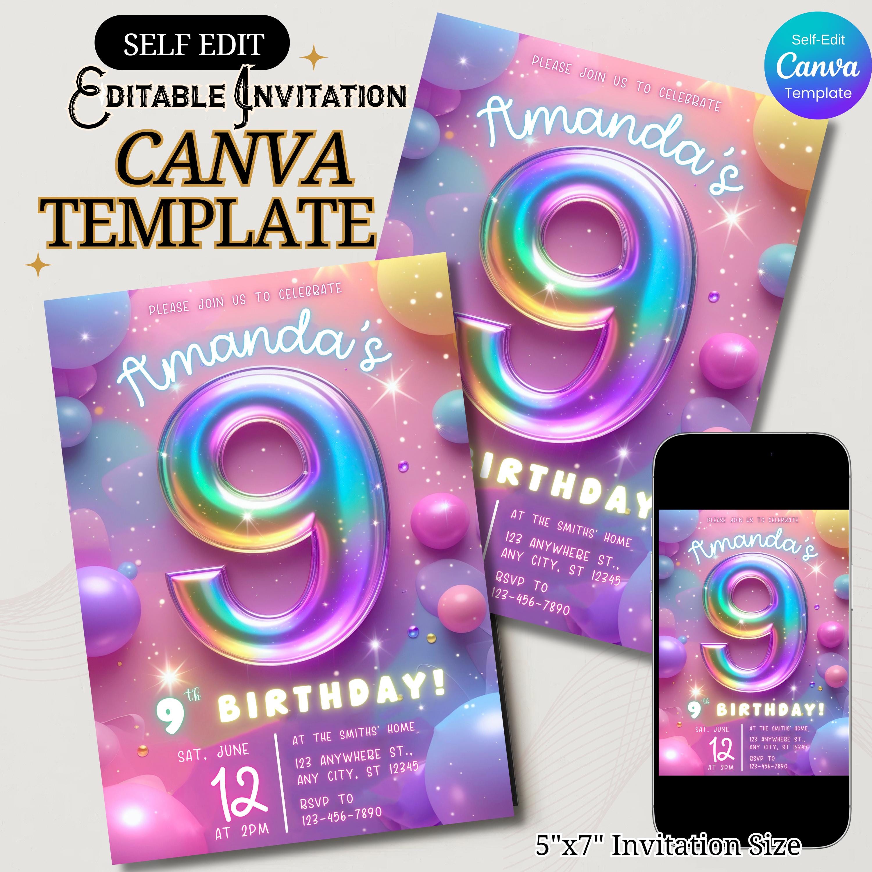 9th Birthday Invitation – Pink Rainbow Glitter Party for Girls ...