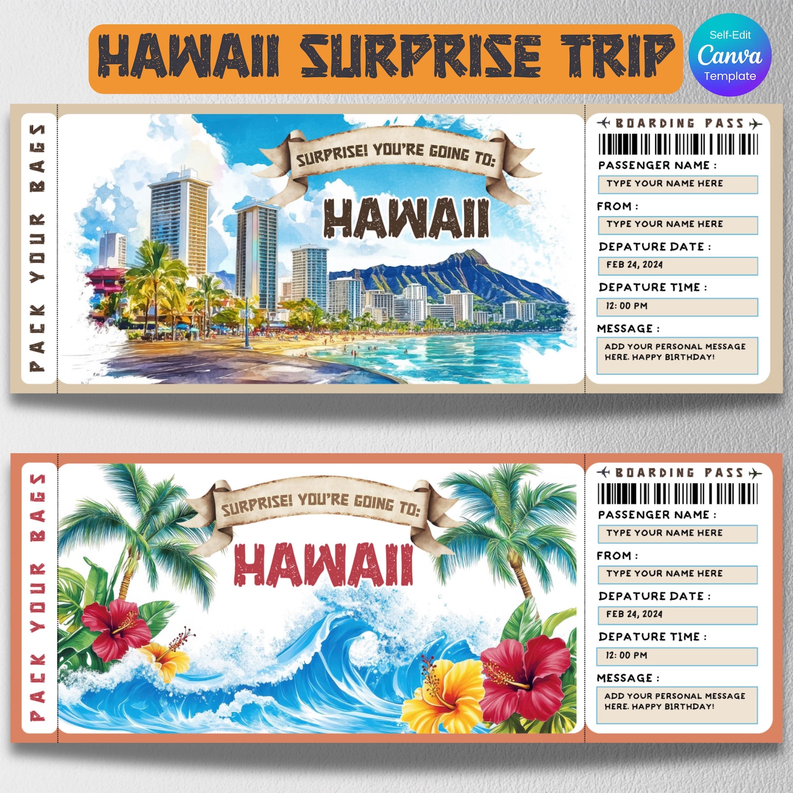 Hawaii Surprise Trip Ticket, Tropical Boarding Pass Invitation Template ...