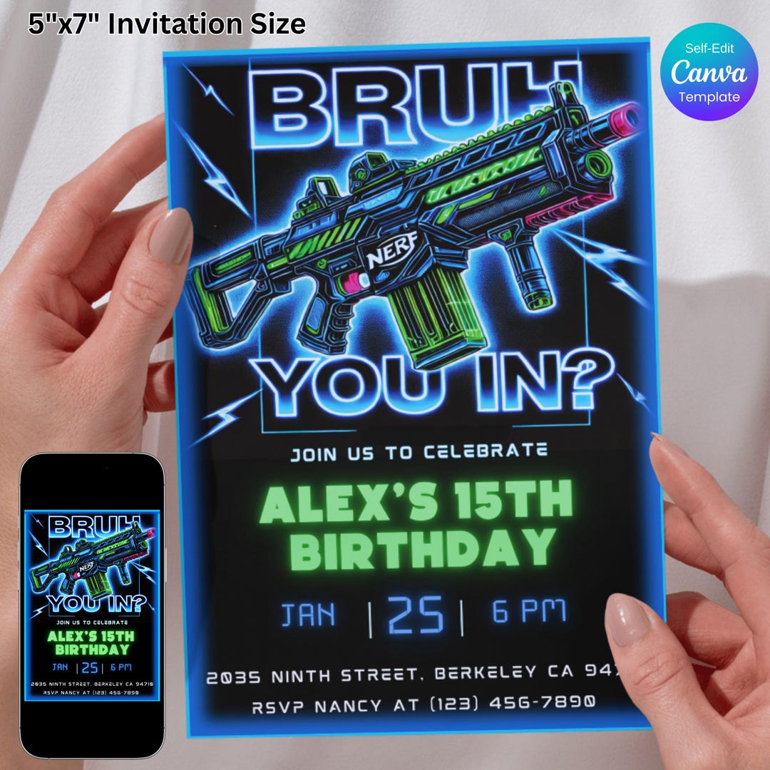 Neon Nerf Birthday Party Invitation, Editable Digital Template, Dart ...