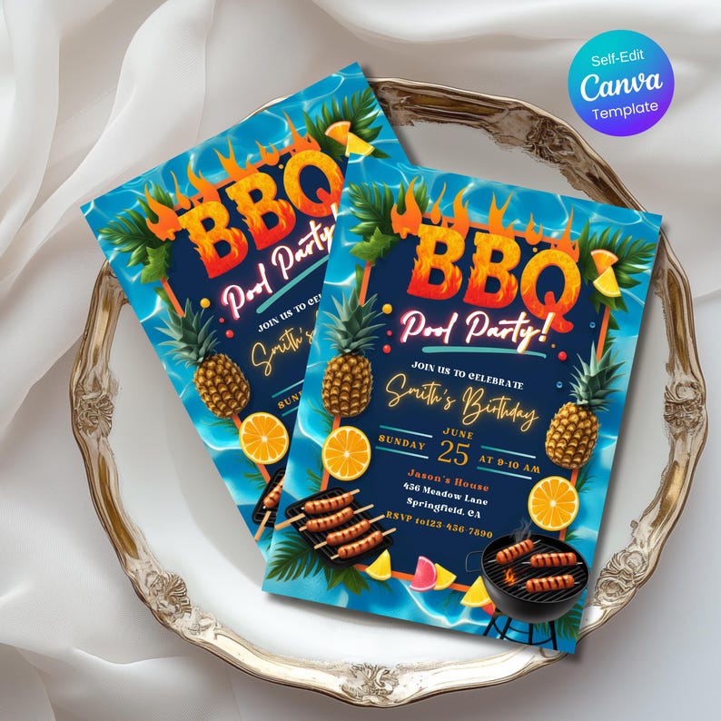 BBQ Pool Party Invitation, Summer Birthday BBQ Editable Canva Template ...