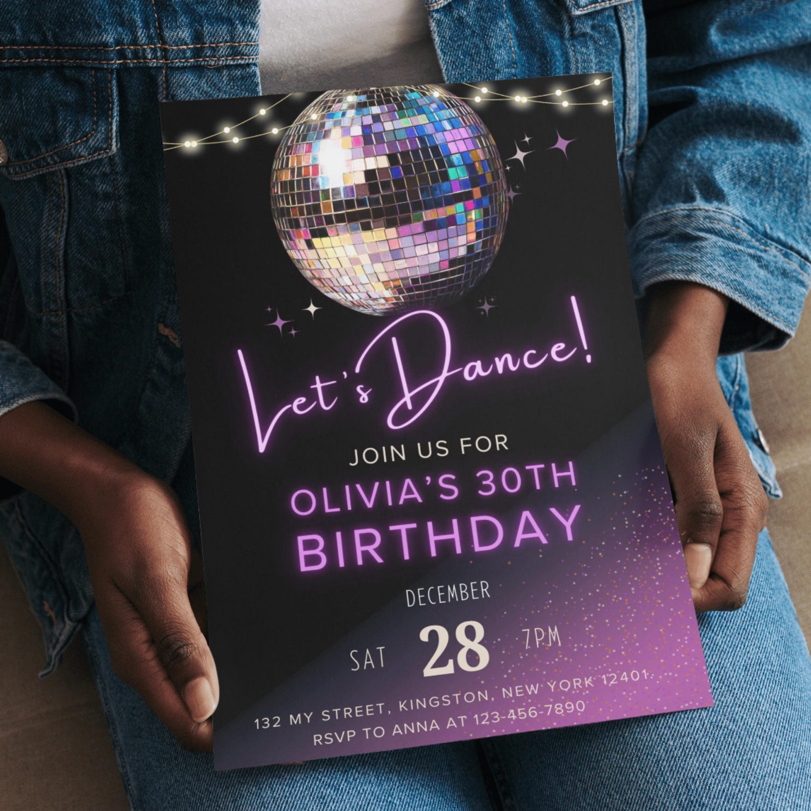 Editable Purple and Black Disco Birthday Party Invitation, Let's Dance ...
