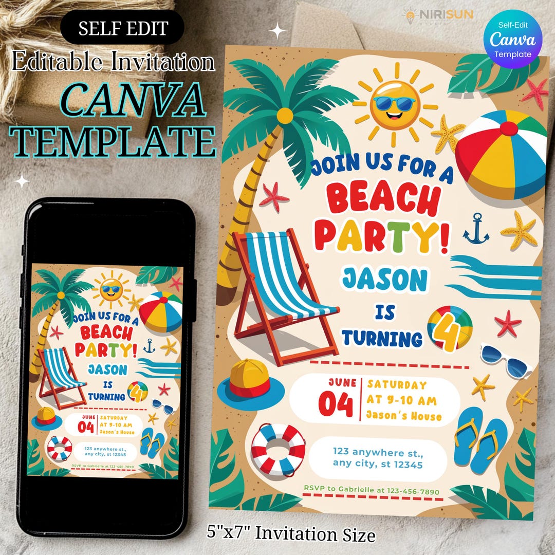 Beach Party Invitation, Editable Summer Birthday Invite, Beach Birthday ...