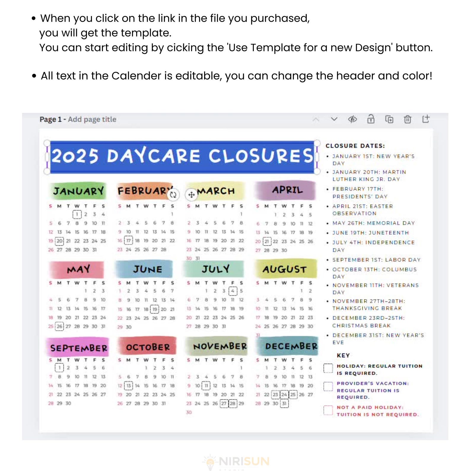 Editable 2025 Daycare Closure Calendar Template, Printable Canva ...