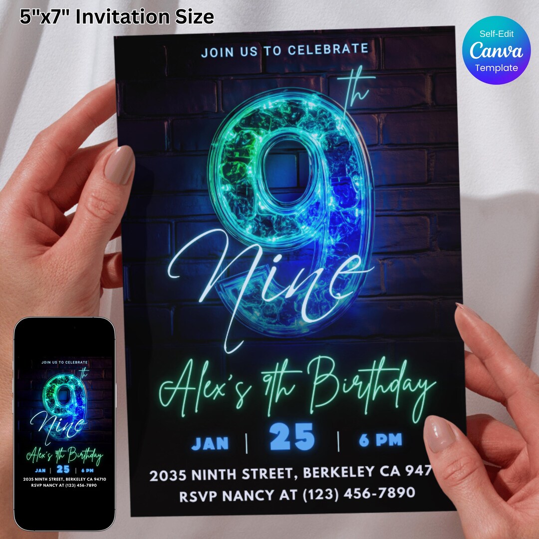 Neon 9th Birthday Invitation, Blue Neon Glow Party Invite, Digital ...