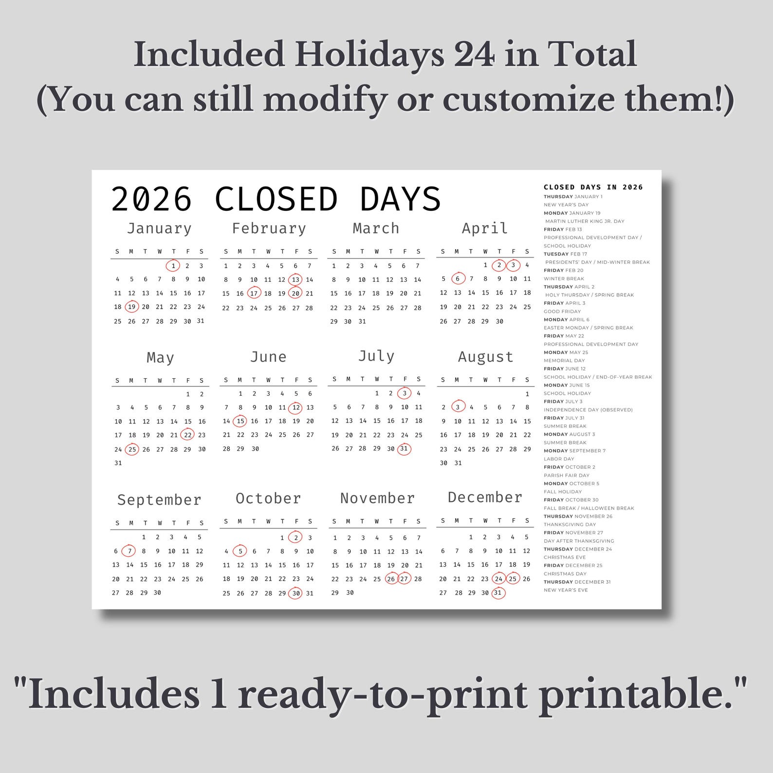 2026 Daycare Closed Days Calendar, Preschool Childcare Holiday Schedule ...
