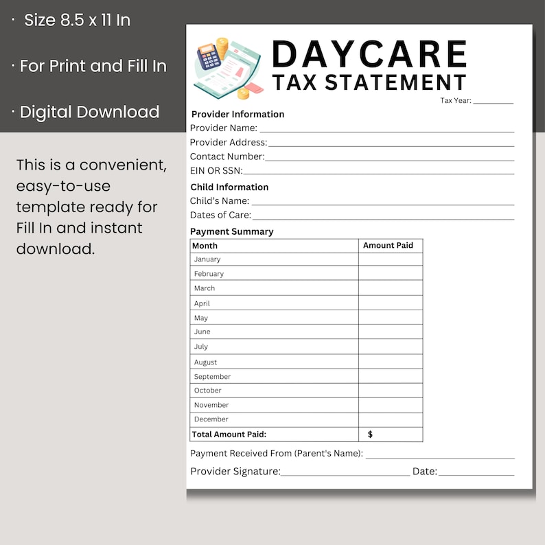 Daycare Tax Statement Template, Editable Childcare Payment Form ...