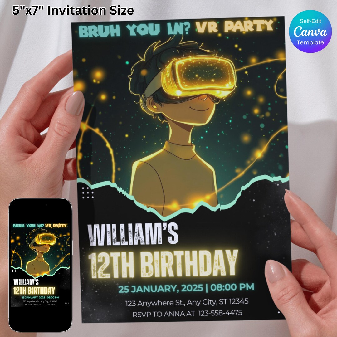 VR Gamer Birthday Party Invitation, Neon Gaming Invite, Virtual Reality ...