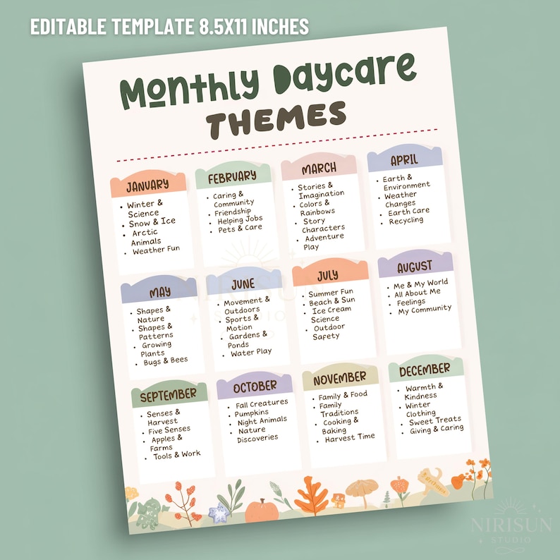 Monthly Daycare Themes Printable | Editable Preschool Theme Calendar ...