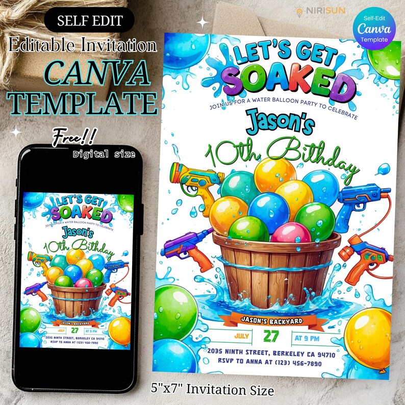 Water Balloon Birthday Invitation, Water Balloon Invite, Editable Canva ...