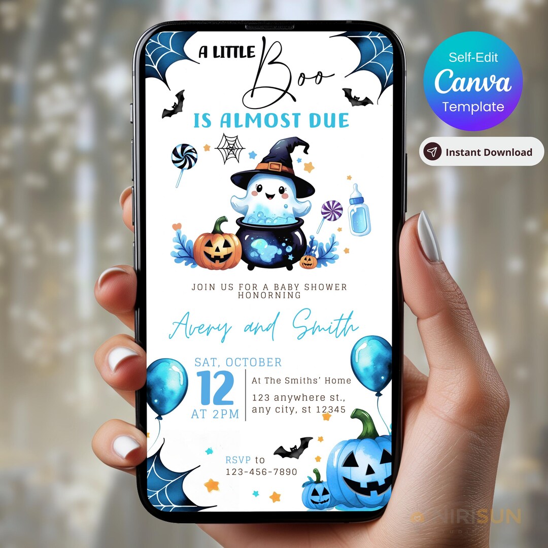 Blue A Little Boo is Almost Due Baby Shower Invitation, Cute Ghost Baby ...