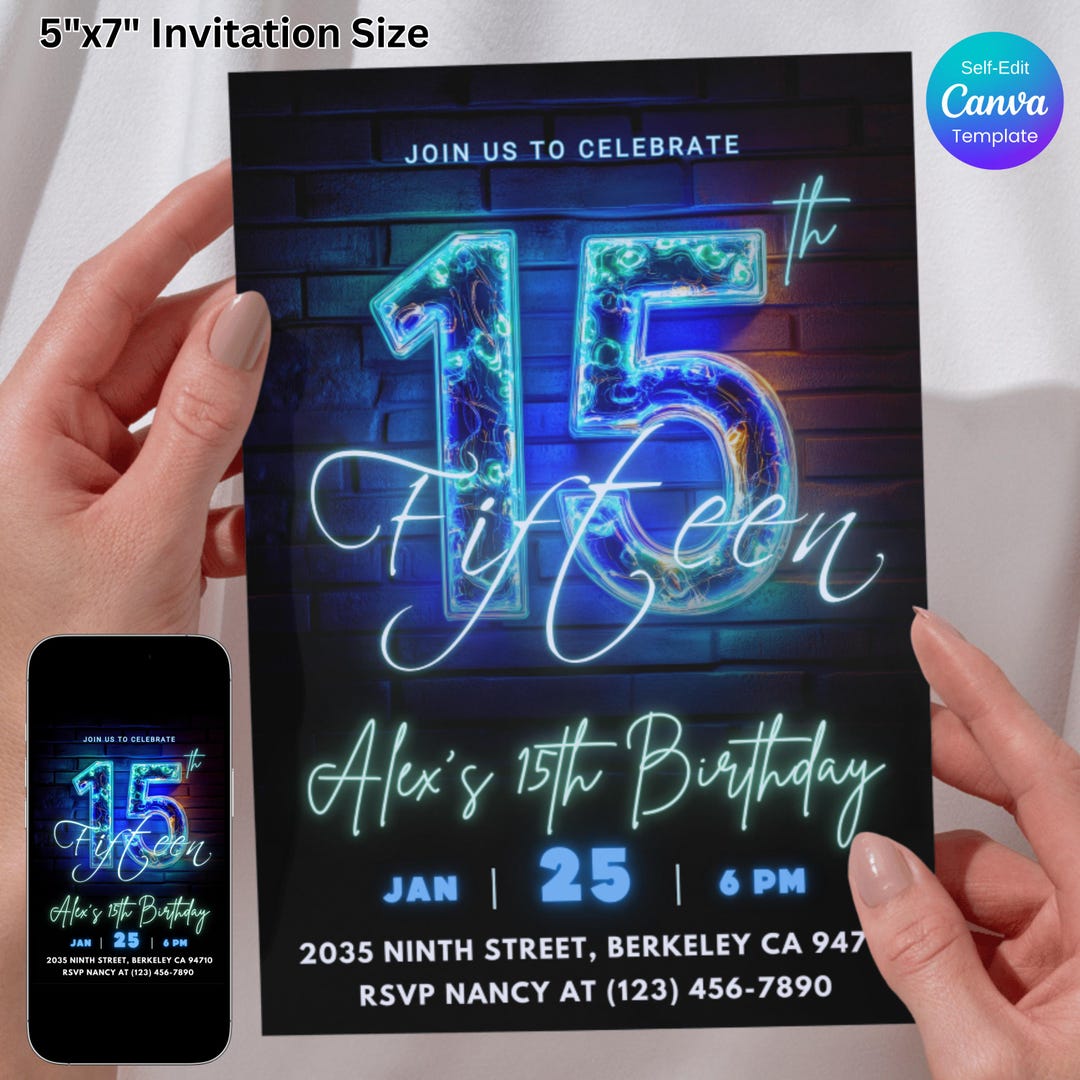 Neon Blue 15th Birthday Invitation Template, Editable Canva, Boys 15th ...