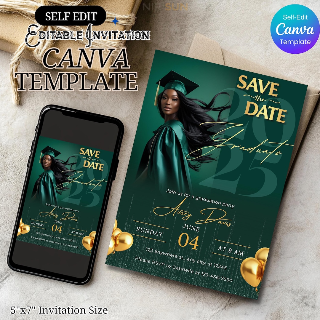 Graduation Save the Date Invitation – Elegant Green & Gold Photo ...