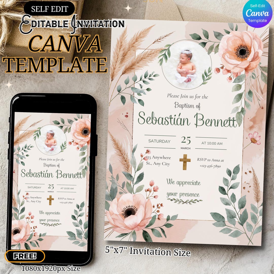 Editable LDS Baptism Invitation, Bohol Floral Christening Invite for ...