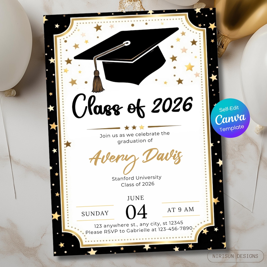 Class of 2026 Graduation Invitation Template Black and Gold Cap Design ...