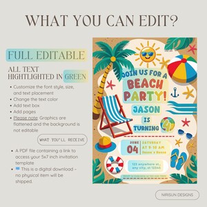 Beach Party Invitation, Editable Summer Birthday Invite, Beach Birthday ...