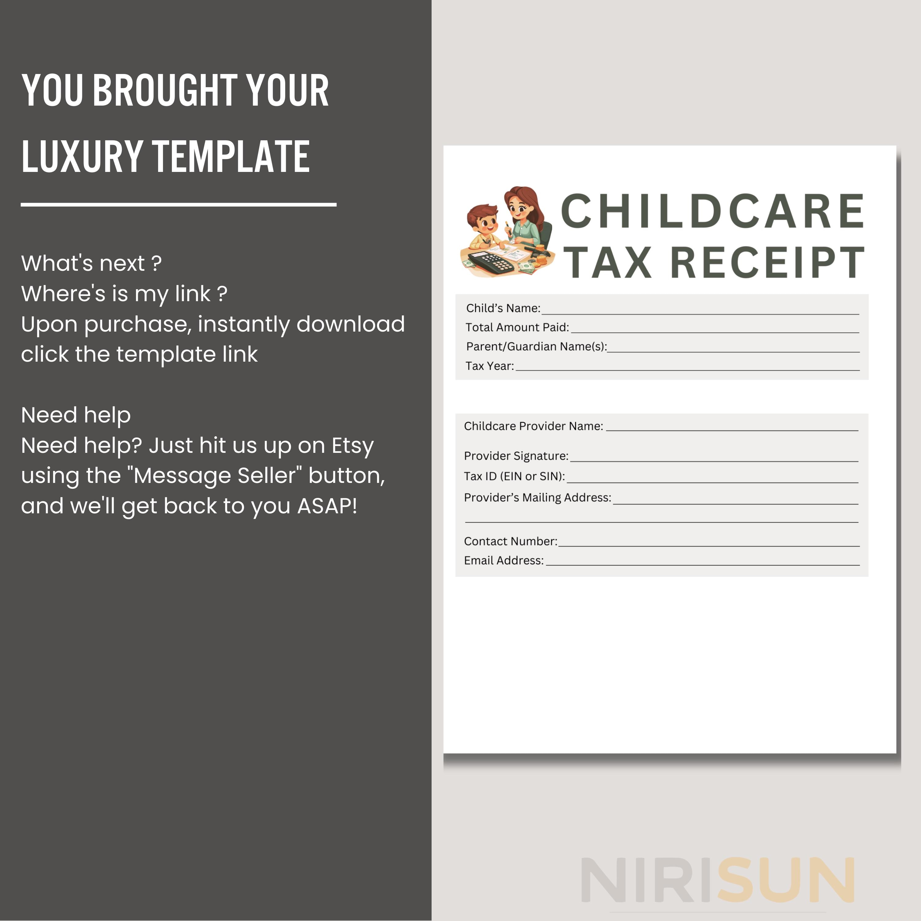 Printable Childcare Tax Receipt, Editable Childcare Daycare Forms PDF ...