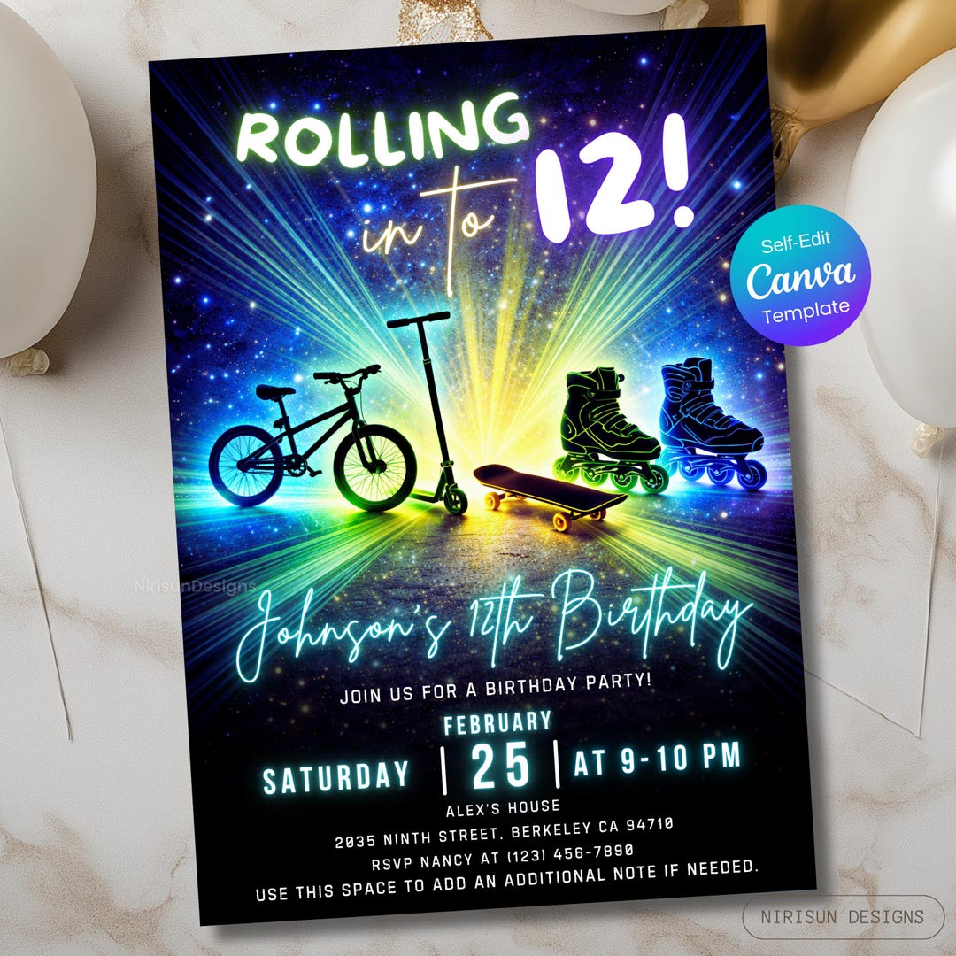 Wheels Birthday Party Invitation, Neon Sports Birthday Invite for Boys ...