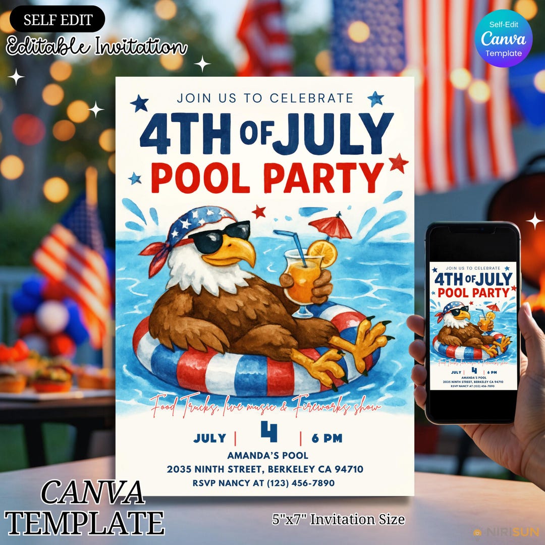 Editable 4th of July Pool Party Invitation Template, 4th of July Party ...