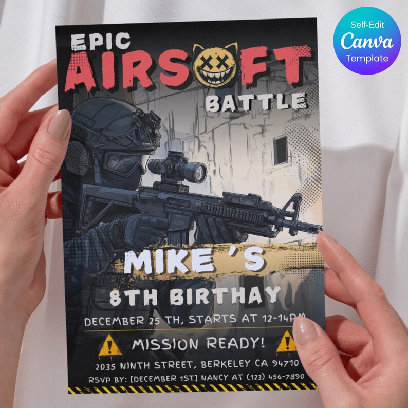 Epic Airsoft Battle Birthday Invitation Template, Editable Canva ...